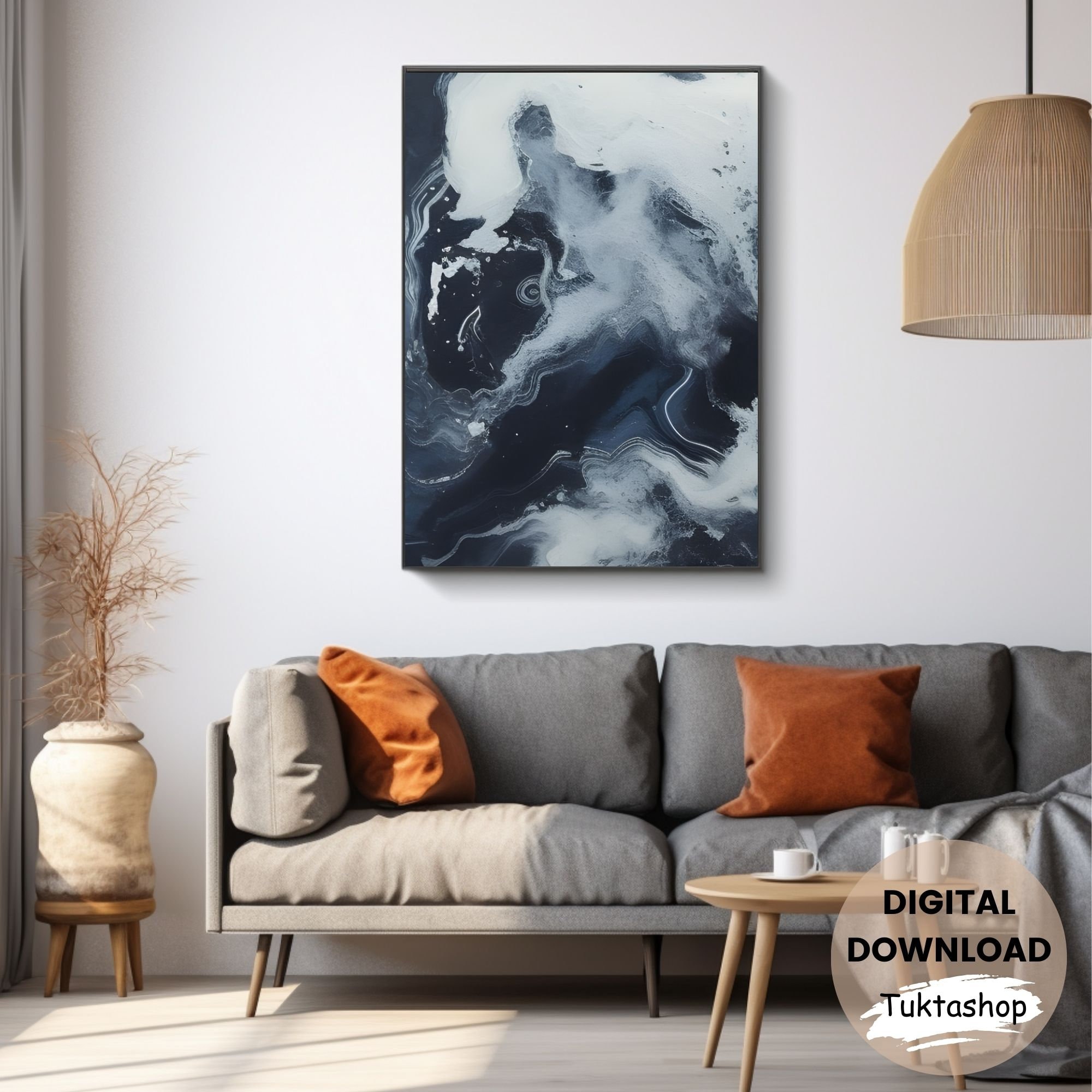 Set of 3 Prints Navy Blue Beach Abstract Gallery Wall Art, Neutral ...