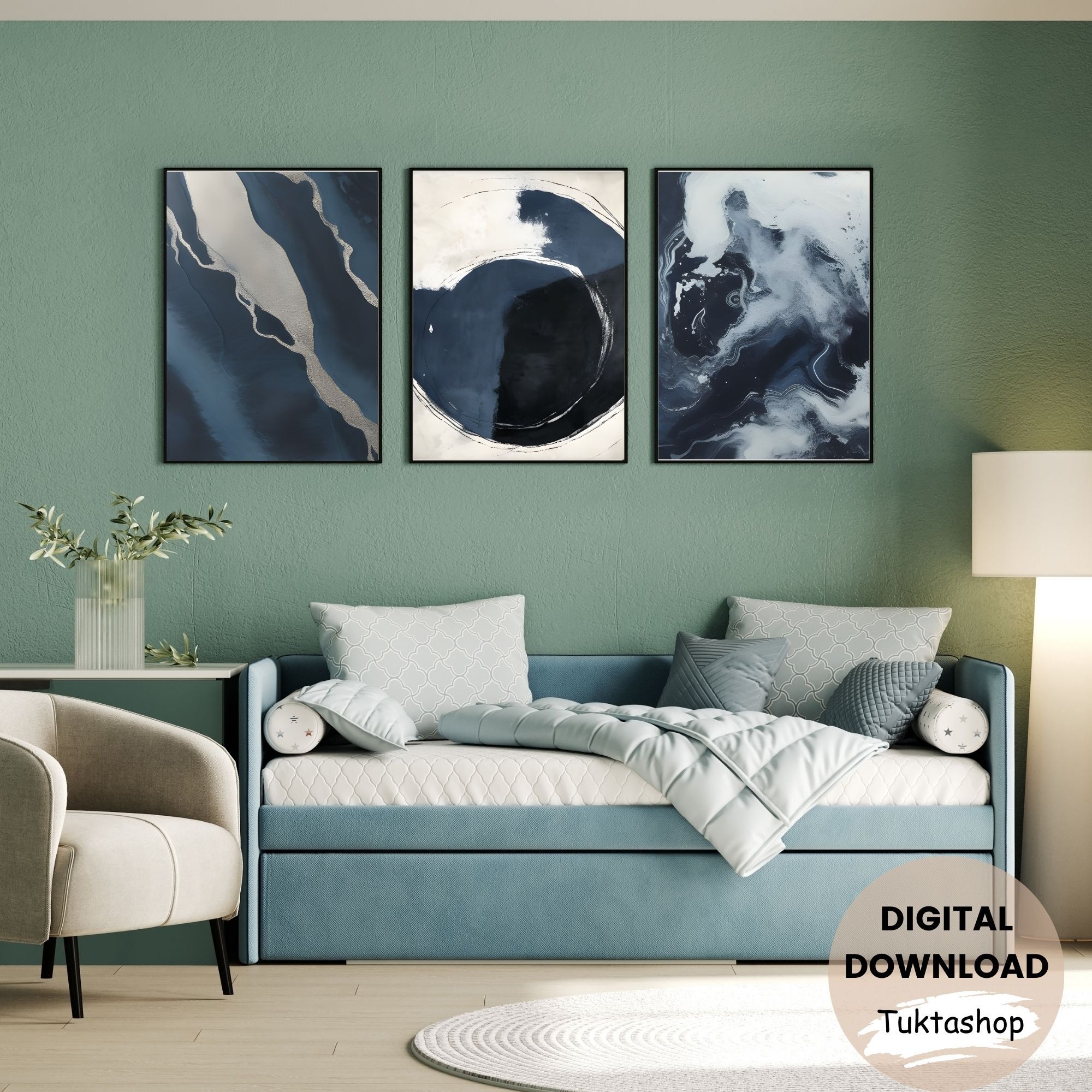 Set of 3 Prints Navy Blue Beach Abstract Gallery Wall Art, Neutral ...