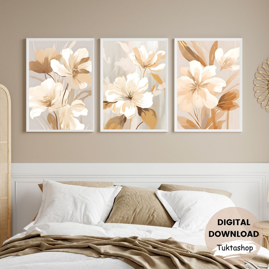 Set of 3 Neutral Floral Print, Beige Floral 3 Pieces Wall Art ...