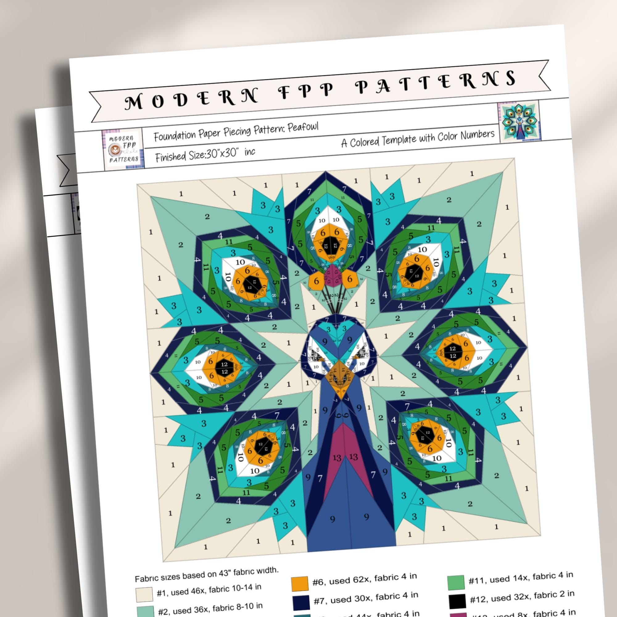 Peafowl FPP Quilt Pattern: Modern FPP • Animal Patchwork Quilt Block ...