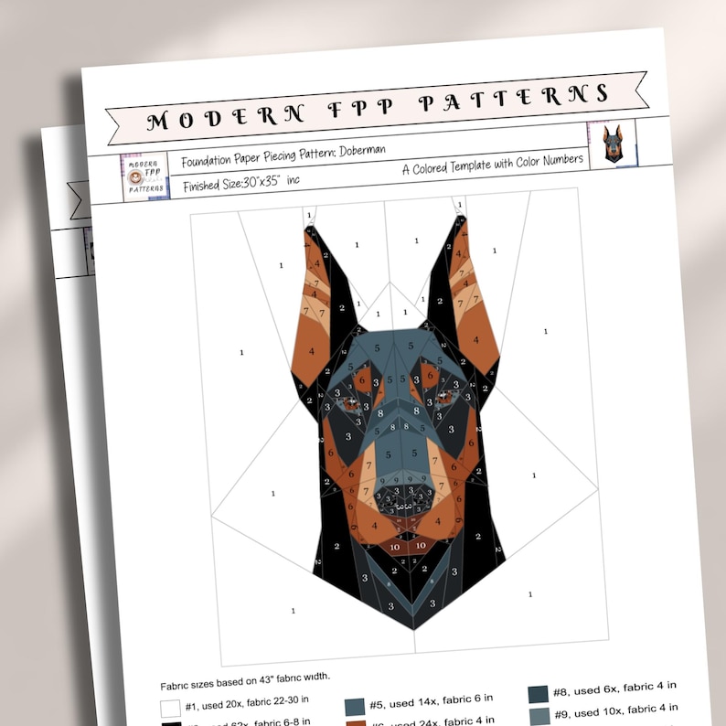 Doberman FPP Quilt Pattern: Modern FPP • Animal Patchwork Quilt Block ...