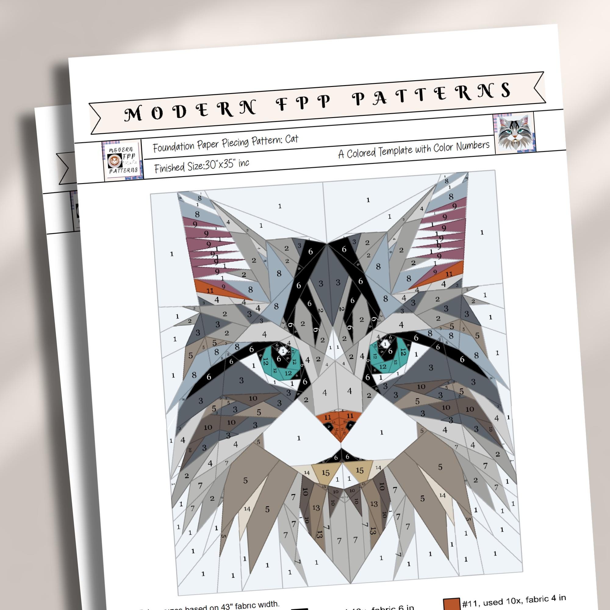Cat FPP Quilt Pattern: Modern FPP • Animal Patchwork Quilt Block • FPP ...