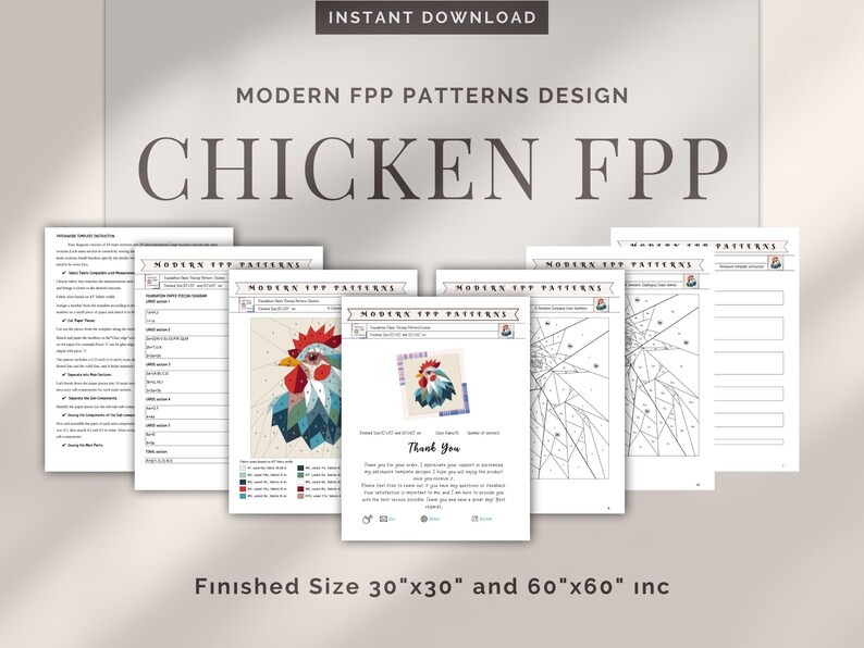Chicken FPP Quilt Pattern: Modern FPP • Animal Patchwork Quilt Block ...