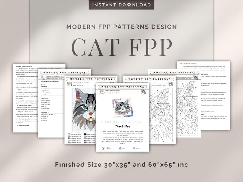Cat FPP Quilt Pattern: Modern FPP • Animal Patchwork Quilt Block • FPP ...