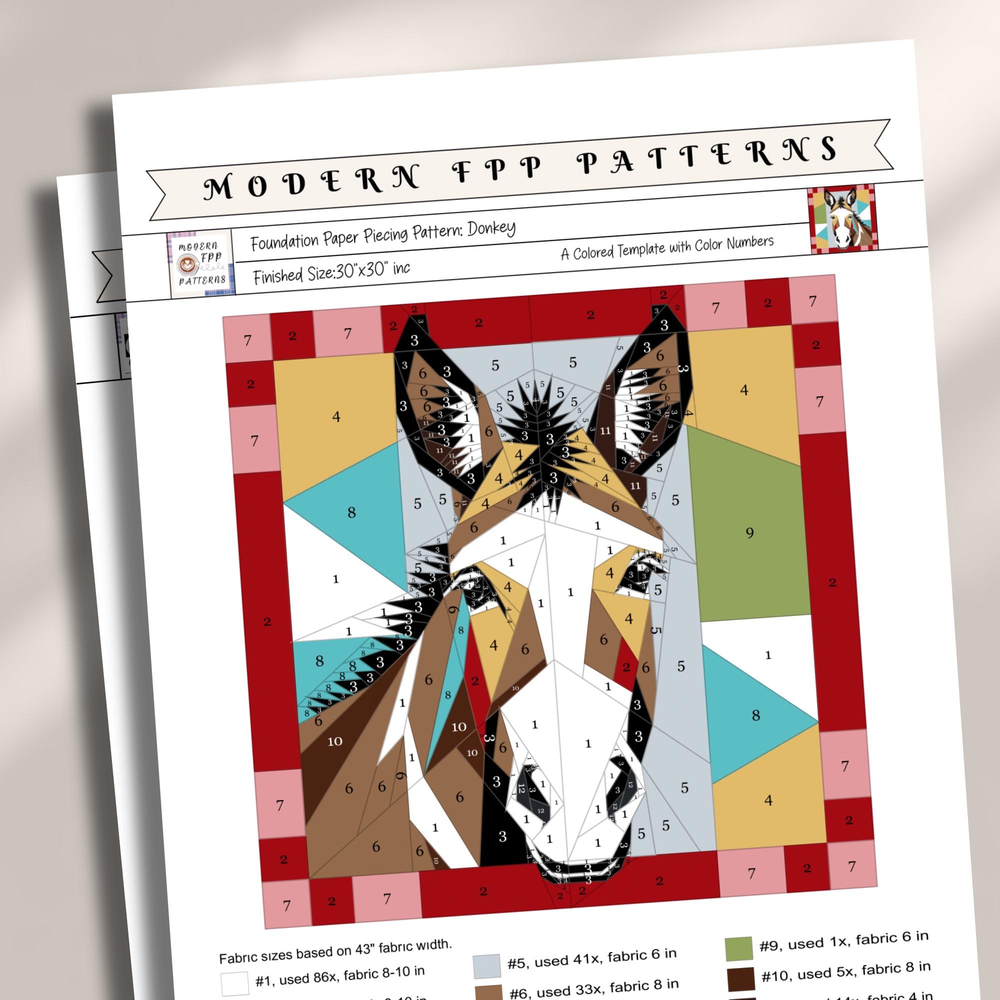 Donkey Quilt Pattern: Modern FPP • Animal Patchwork Quilt Block • FPP ...