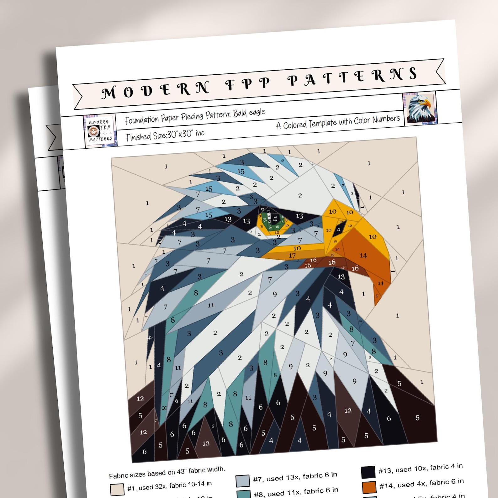 Bald Eagle FPP Quilt Pattern: Modern FPP • Animal Patchwork Quilt Block ...