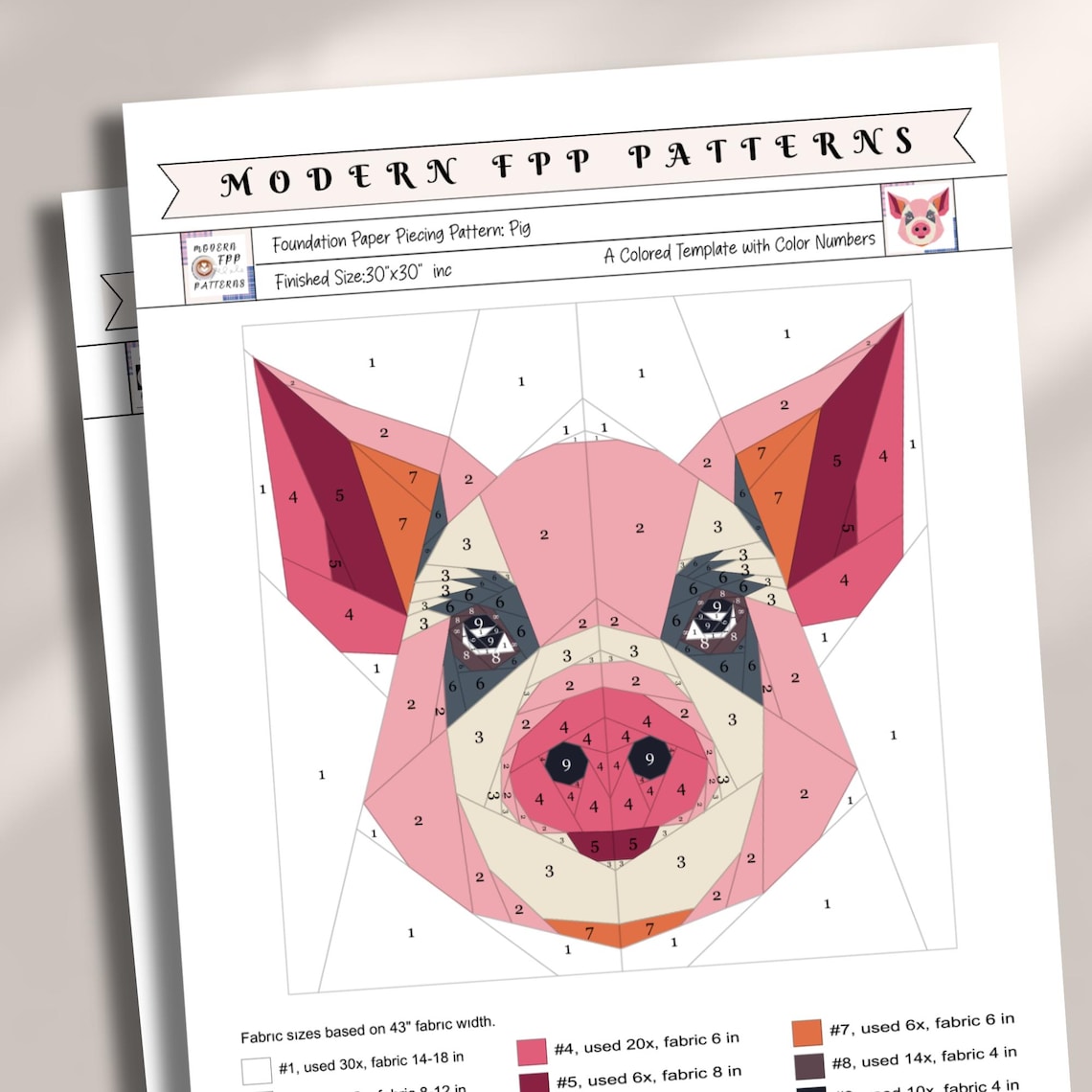 Pig FPP Quilt Pattern: Modern FPP • Animal Patchwork Quilt Block • FPP ...