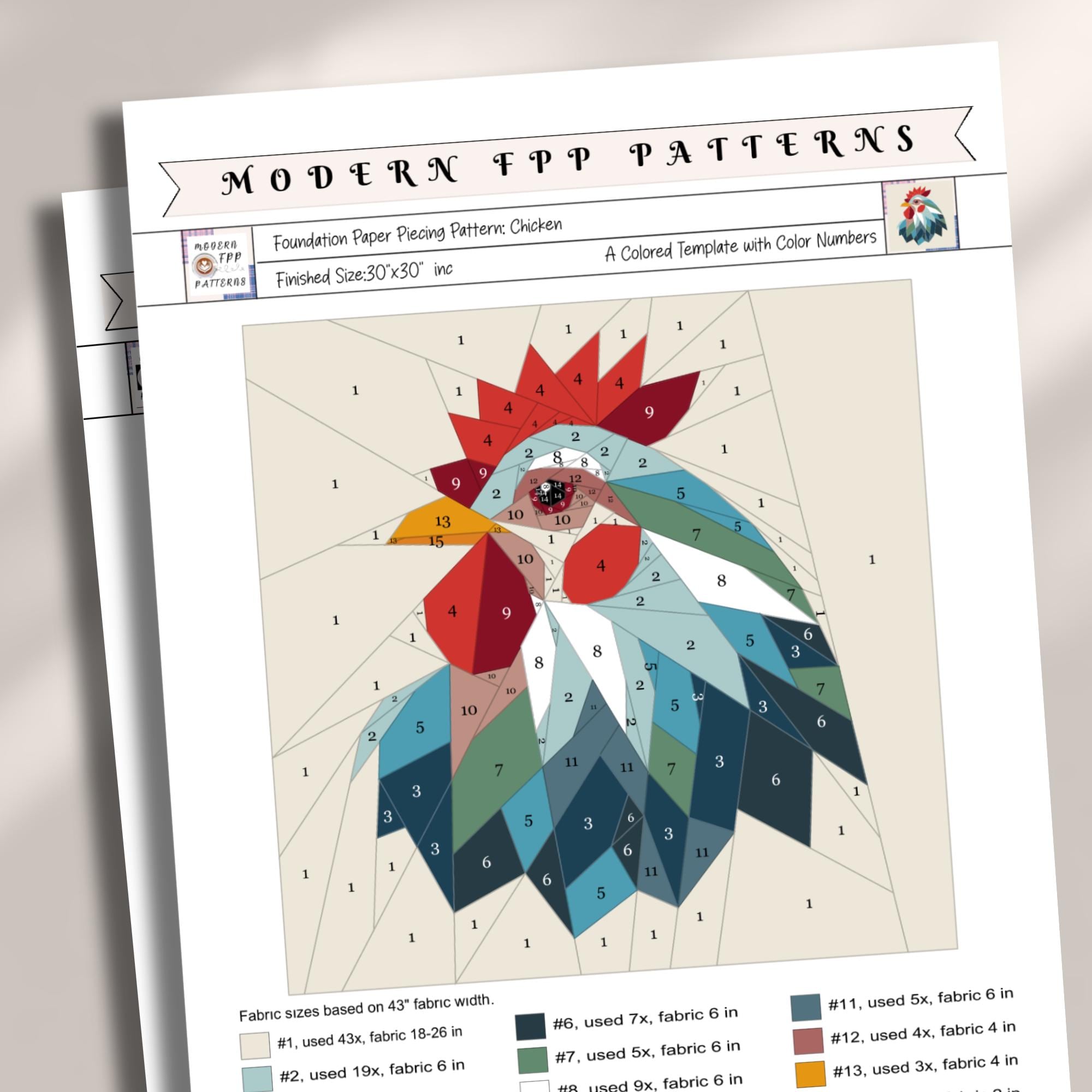 Chicken FPP Quilt Pattern: Modern FPP • Animal Patchwork Quilt Block ...