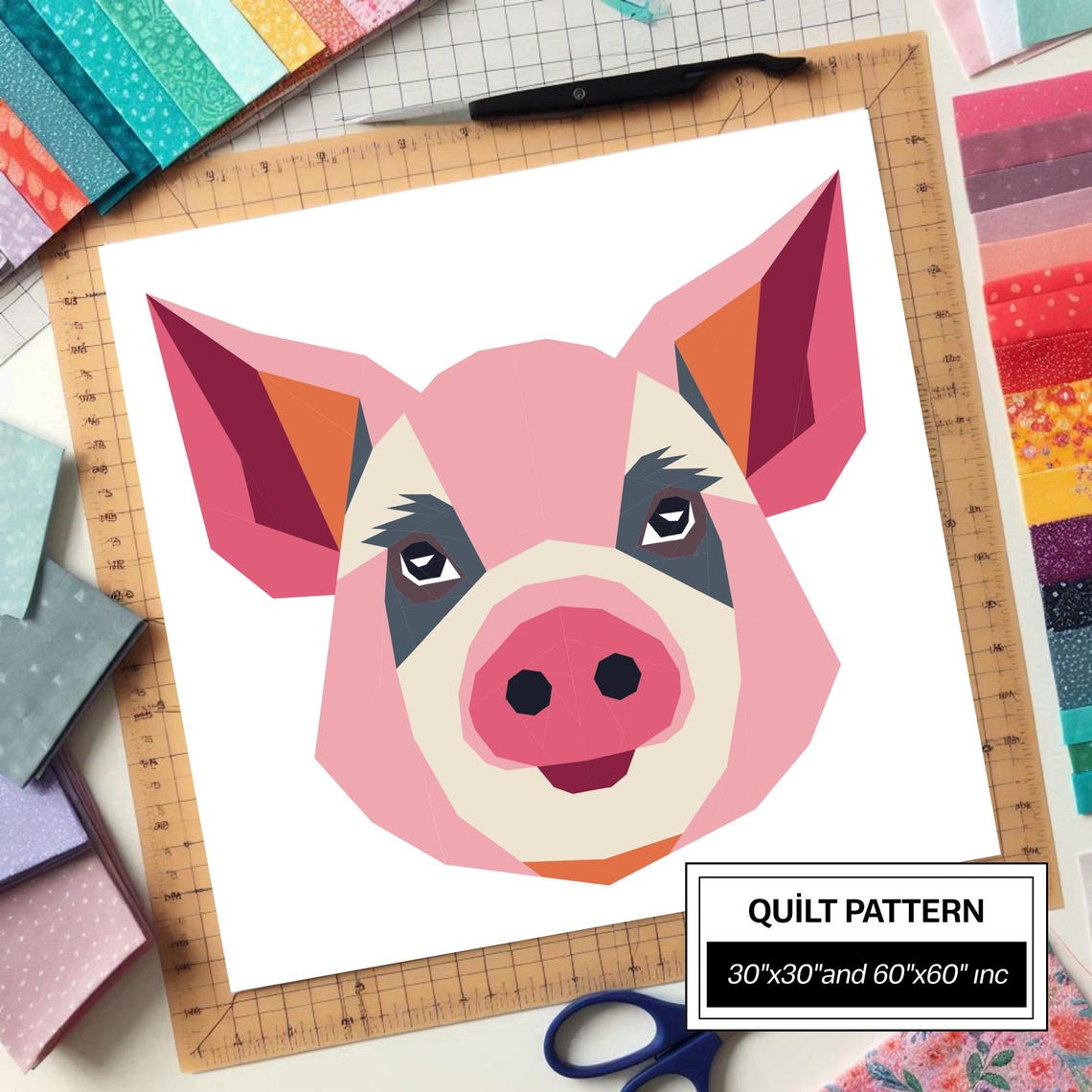Pig FPP Quilt Pattern: Modern FPP • Animal Patchwork Quilt Block • FPP ...