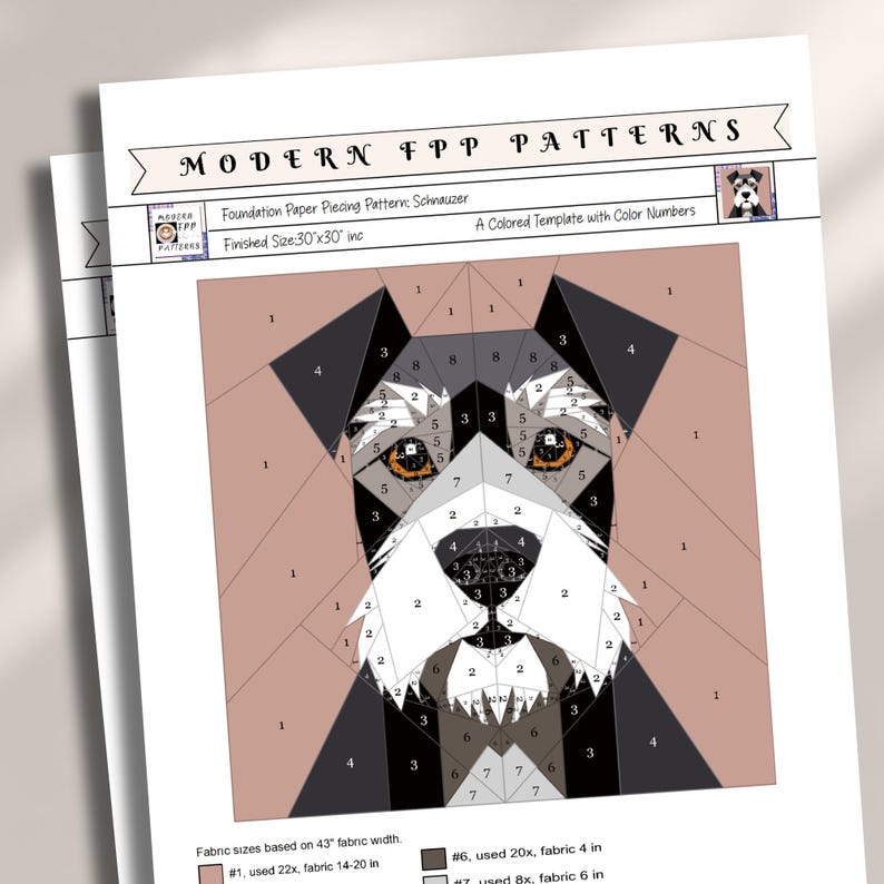 Schnauzer FPP Quilt Pattern: Modern FPP • Animal Patchwork Quilt Block • FPP Vorlagen (30x30 ...