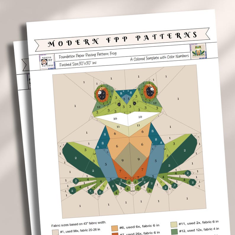 Frog FPP Quilt Pattern: Modern FPP • Animal Patchwork Quilt Block • FPP Vorlagen (30x30/60x60 ...