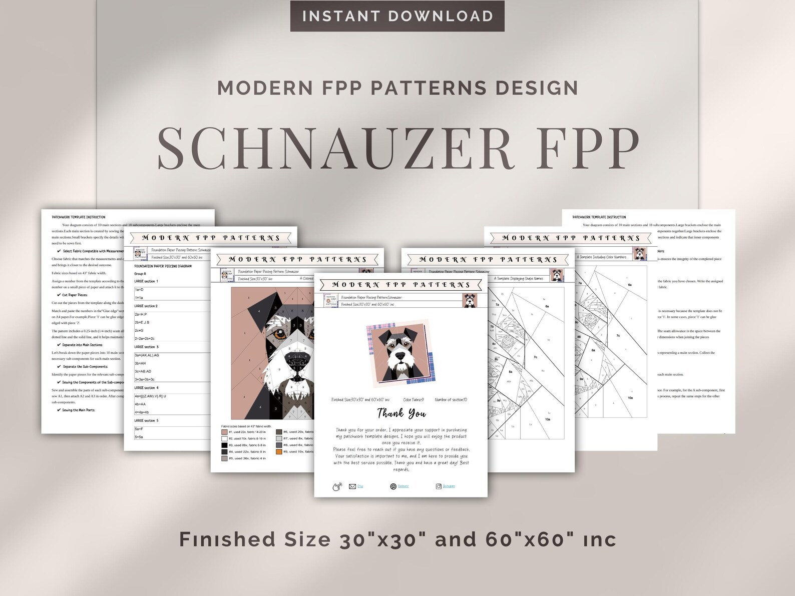 Schnauzer FPP Quilt Pattern: Modern FPP • Animal Patchwork Quilt Block ...