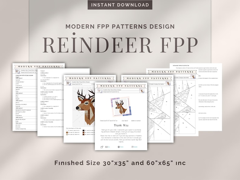 Deer FPP Quilt Pattern: Modern FPP • Animal Patchwork Quilt Block • FPP Vorlagen(30x35/60x65 ...