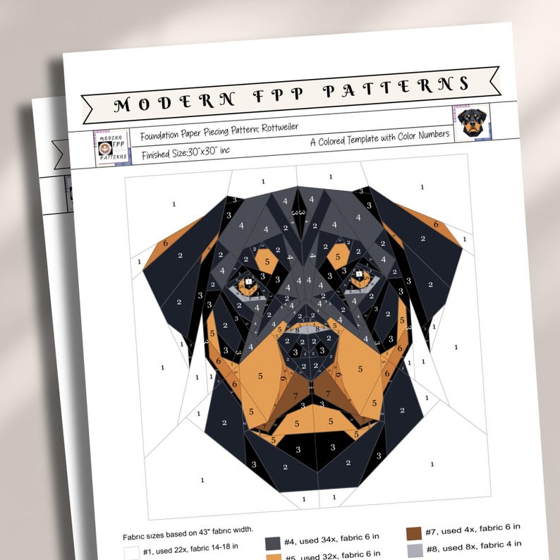 Rottweiler FPP Quilt Pattern: Modern FPP • Animal Patchwork Quilt Block ...