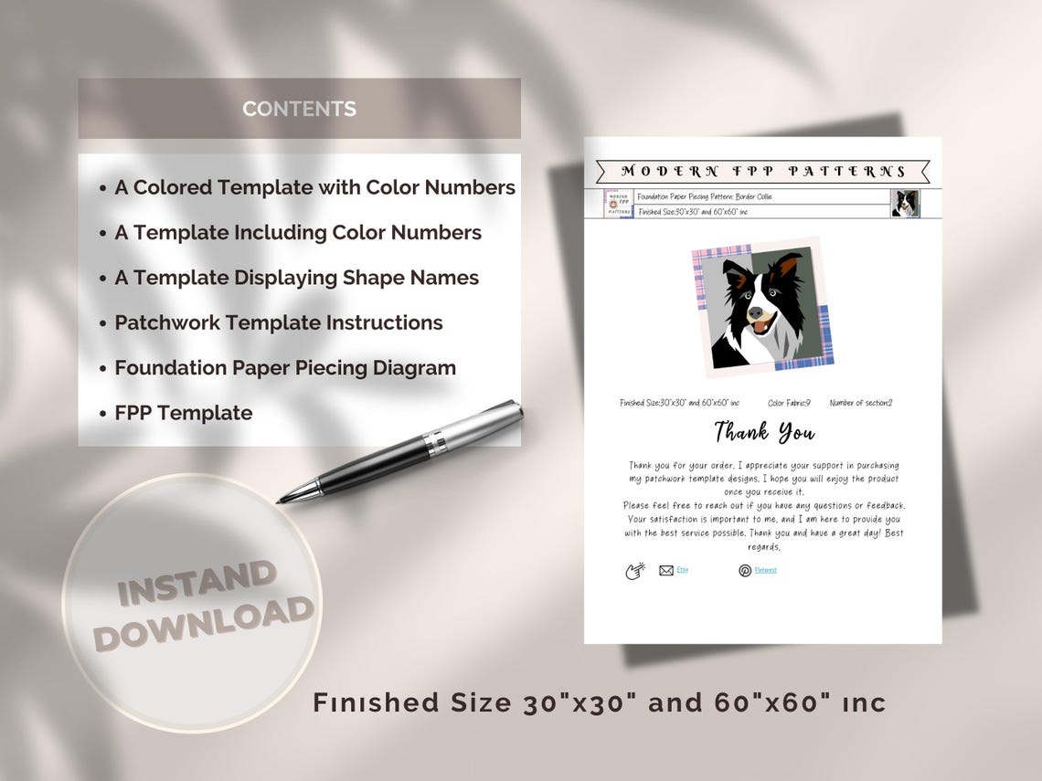 Border Collie FPP Quilt Pattern: Modern FPP • Animal Patchwork Quilt ...