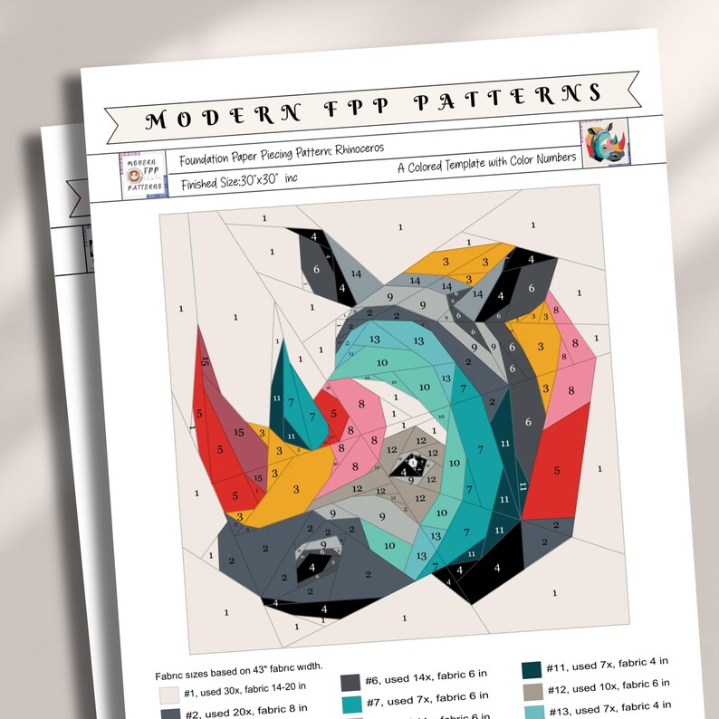 Rhinoceros FPP Quilt Pattern: Modern FPP • Animal Patchwork Quilt Block • FPP Vorlagen (30x30 ...