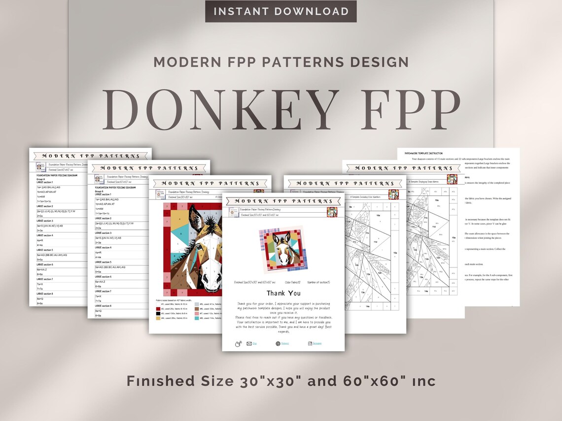Donkey Quilt Pattern: Modern FPP • Animal Patchwork Quilt Block • FPP ...