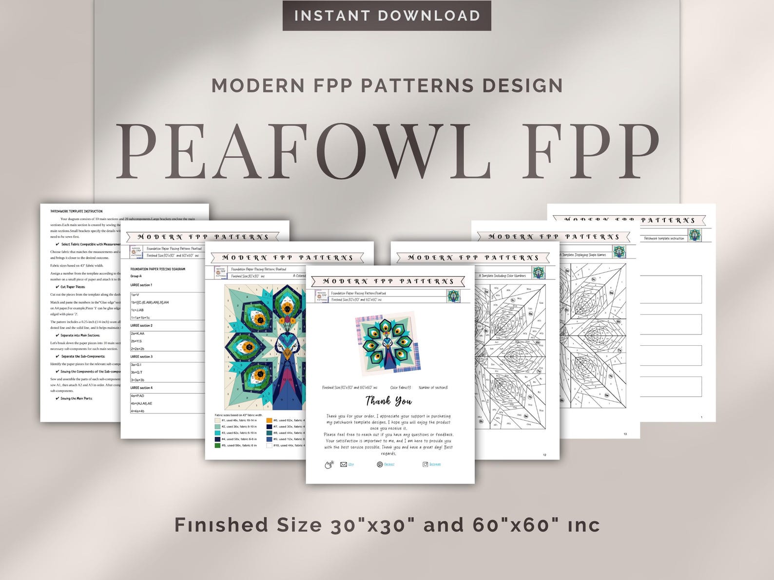 Peafowl FPP Quilt Pattern: Modern FPP • Animal Patchwork Quilt Block ...