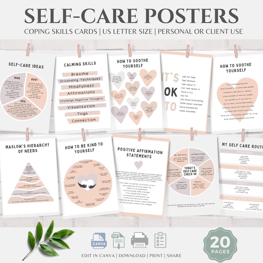 Set of 20 Self Care Card Posters for Therapy Office Decor, Self Care ...