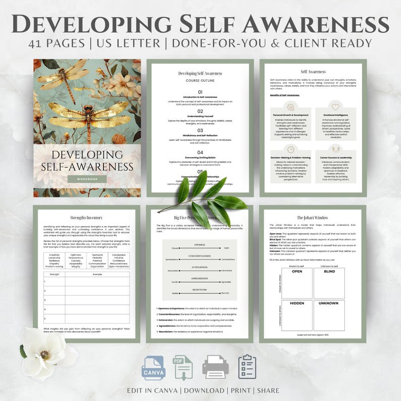 Self Awareness Editable Canva Guided Self Reflection Workbook for ...