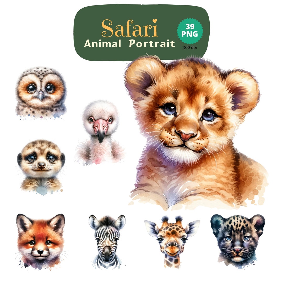 Safari Animals Portrait, Animals Portrait PNG, Watercolor Safari ...