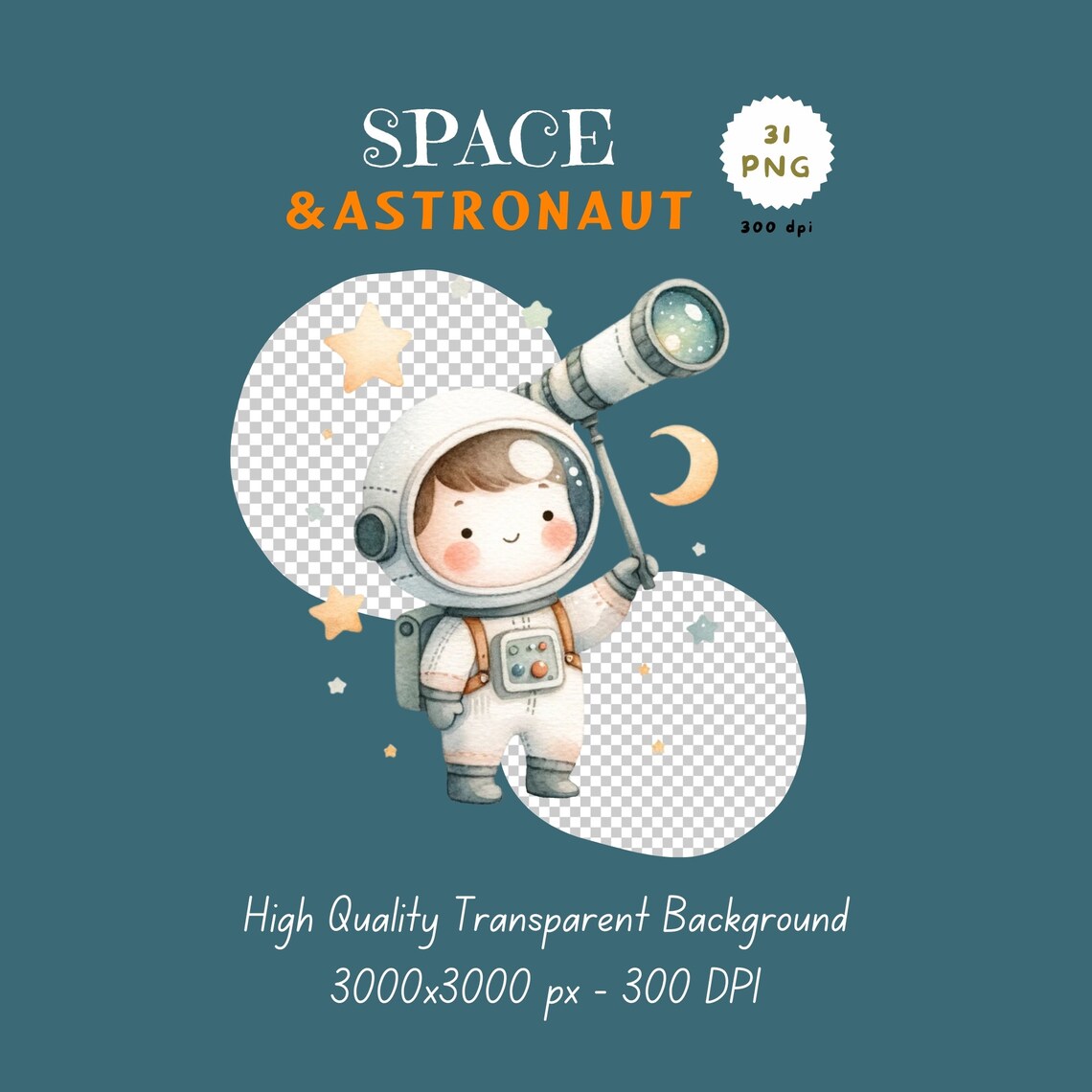 Cute Astronaut, Watercolor Astronaut Clipart, Astronaut Clipart Bundle ...