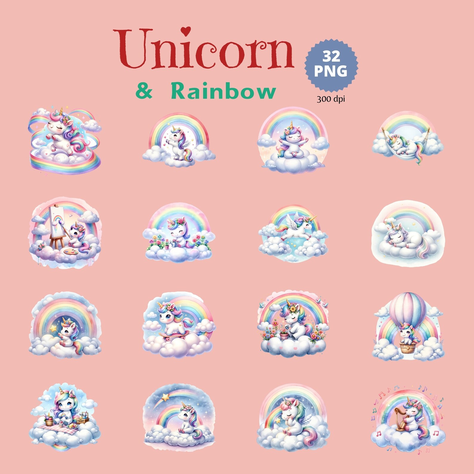 Unicorn Png, Watercolor Unicorn Clipart, Unicorn Clipart Bundle, Cute ...
