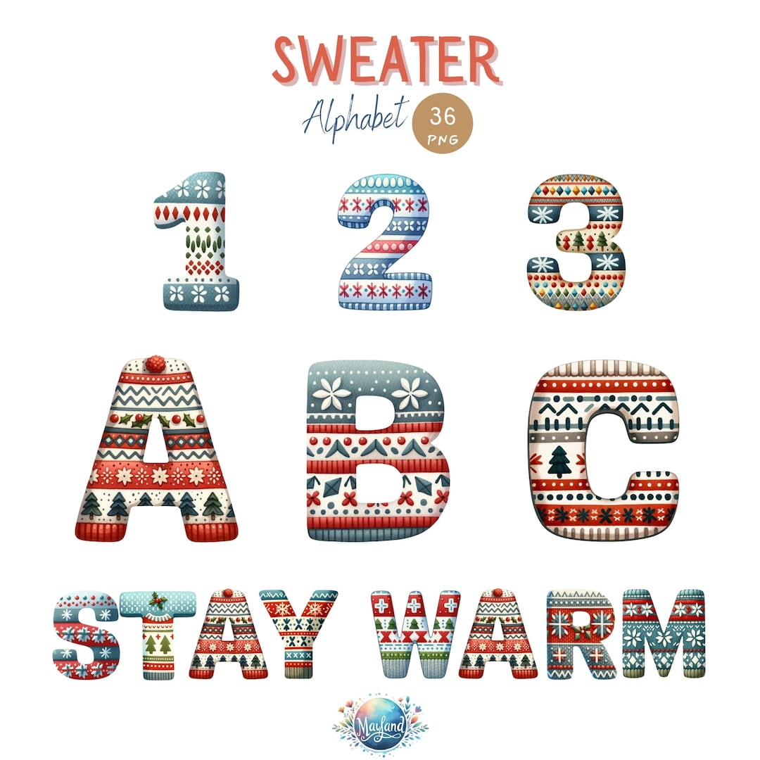 Sweater Alphabet Clipart, Christmas Letter, Christmas Font, Christmas ...