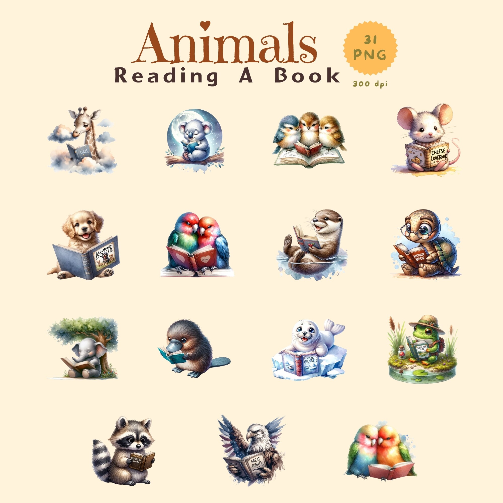 Watercolor Animal Reading A Book, Cute Animal Clipart, Bookworm Animals ...
