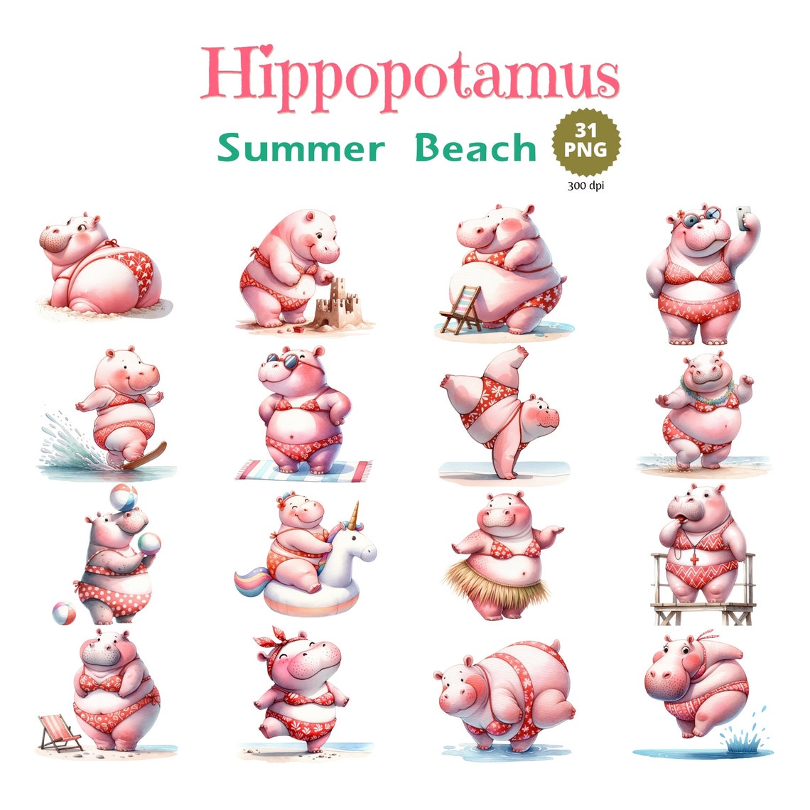 Hippo Clipart, Funny Hippo Bundle, Hippopotamus Png, Summer Beach ...