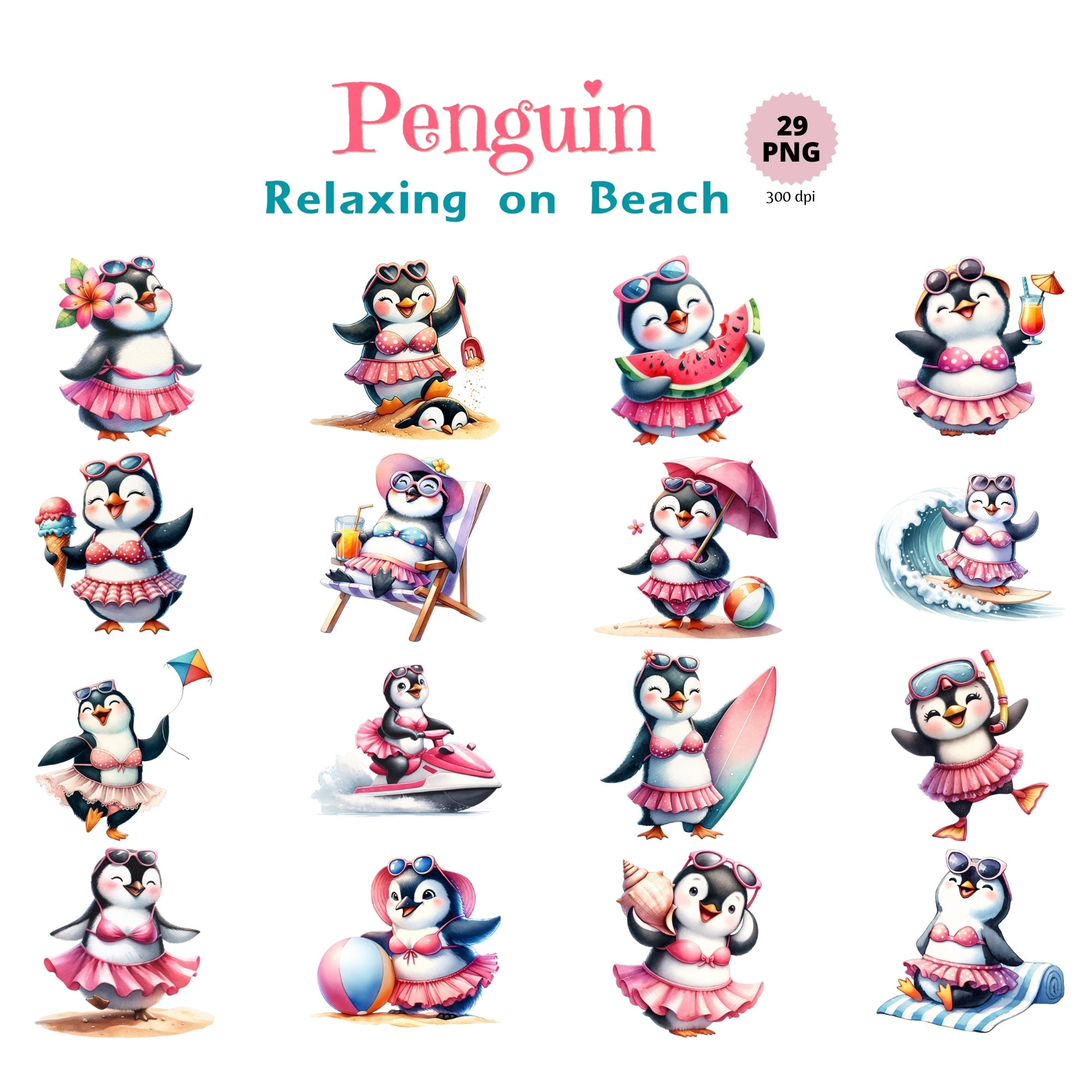 Penguin on Beach Clipart, Summer Png, Watercolor Summer, Summer Beach ...