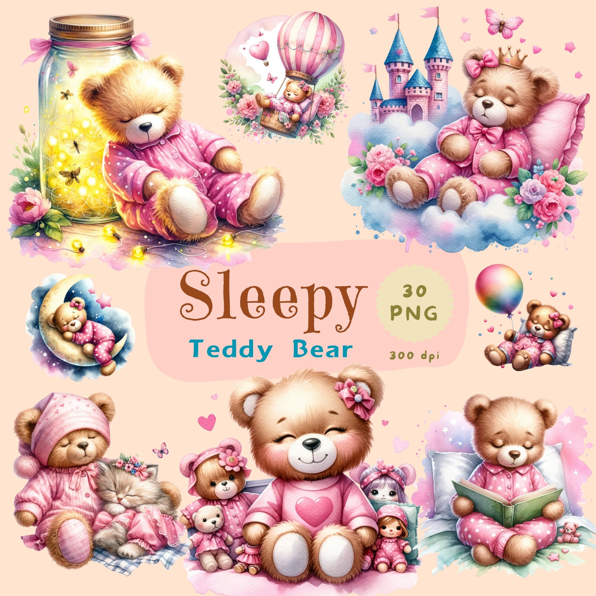 Sleepy Teddy Bear, Watercolor Teddy Bear Clipart Bundle, Pink Teddy ...