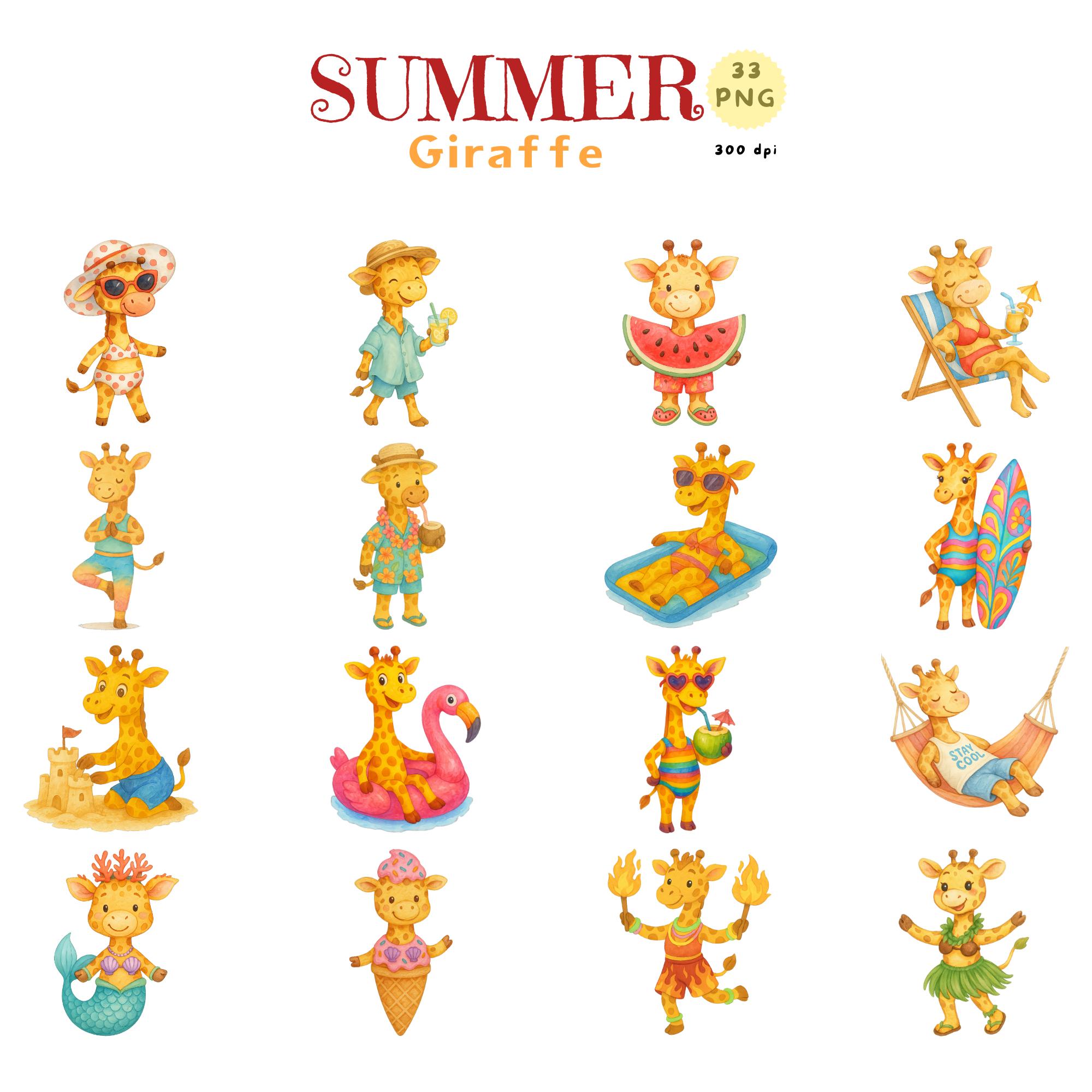 Summer Giraffe, Giraffe Clipart, Funny Giraffe Bundle, Watercolor ...