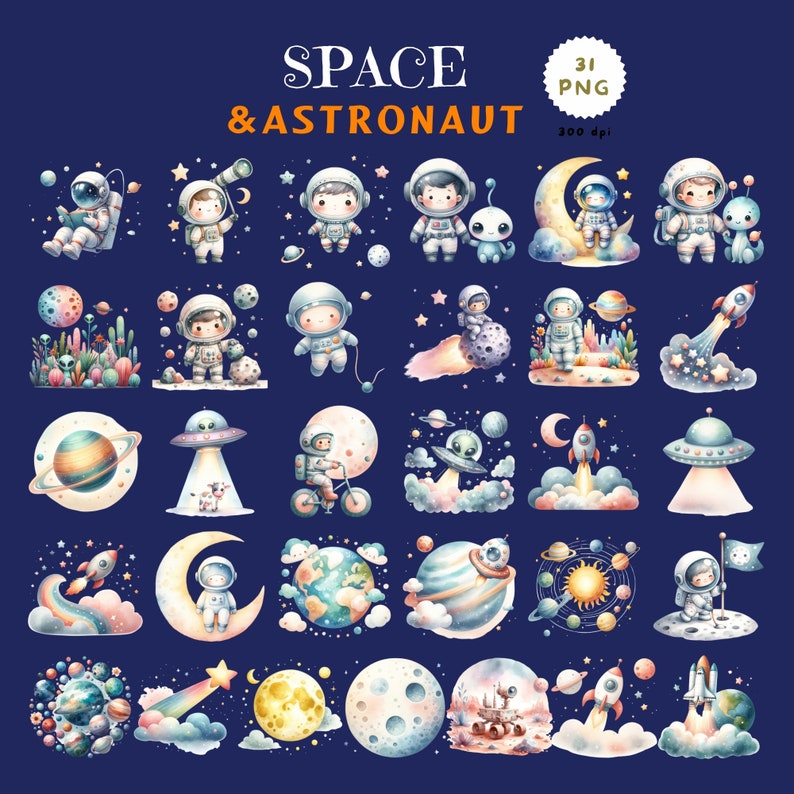 Cute Astronaut, Watercolor Astronaut Clipart, Astronaut Clipart Bundle ...