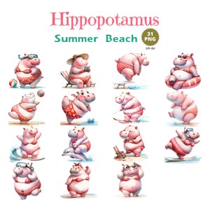 Hippo Clipart, Funny Hippo Bundle, Hippopotamus Png, Summer Beach ...