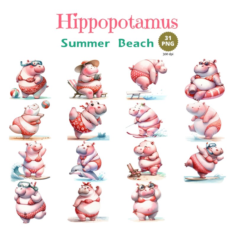 Hippo Clipart, Funny Hippo Bundle, Hippopotamus Png, Summer Beach ...