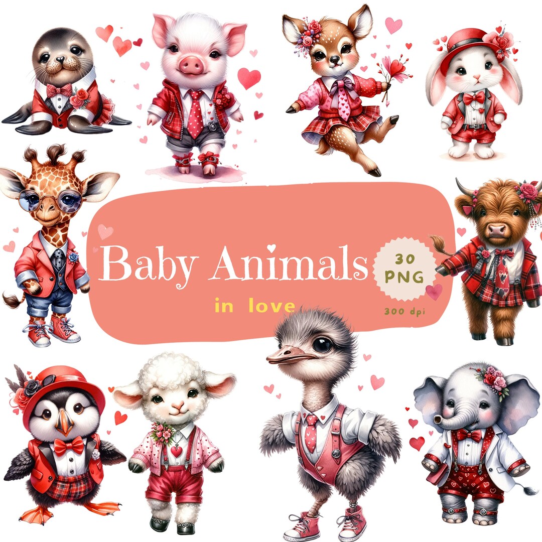Baby Animal in Love Clipart, Valentines Clipart, Love Clipart, Animal ...