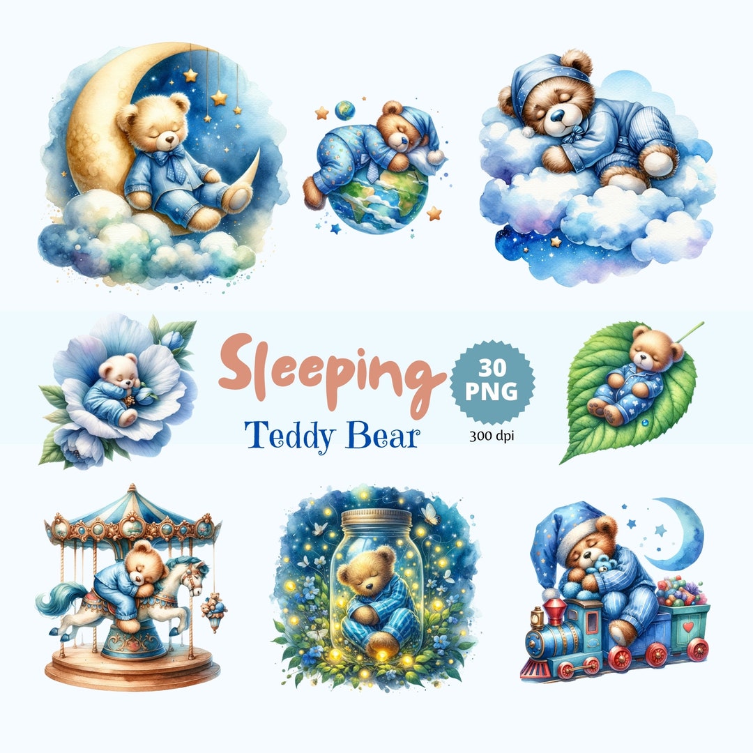 Sleeping Teddy Bear, Watercolor Teddy Bear Clipart Bundle, Blue Teddy ...