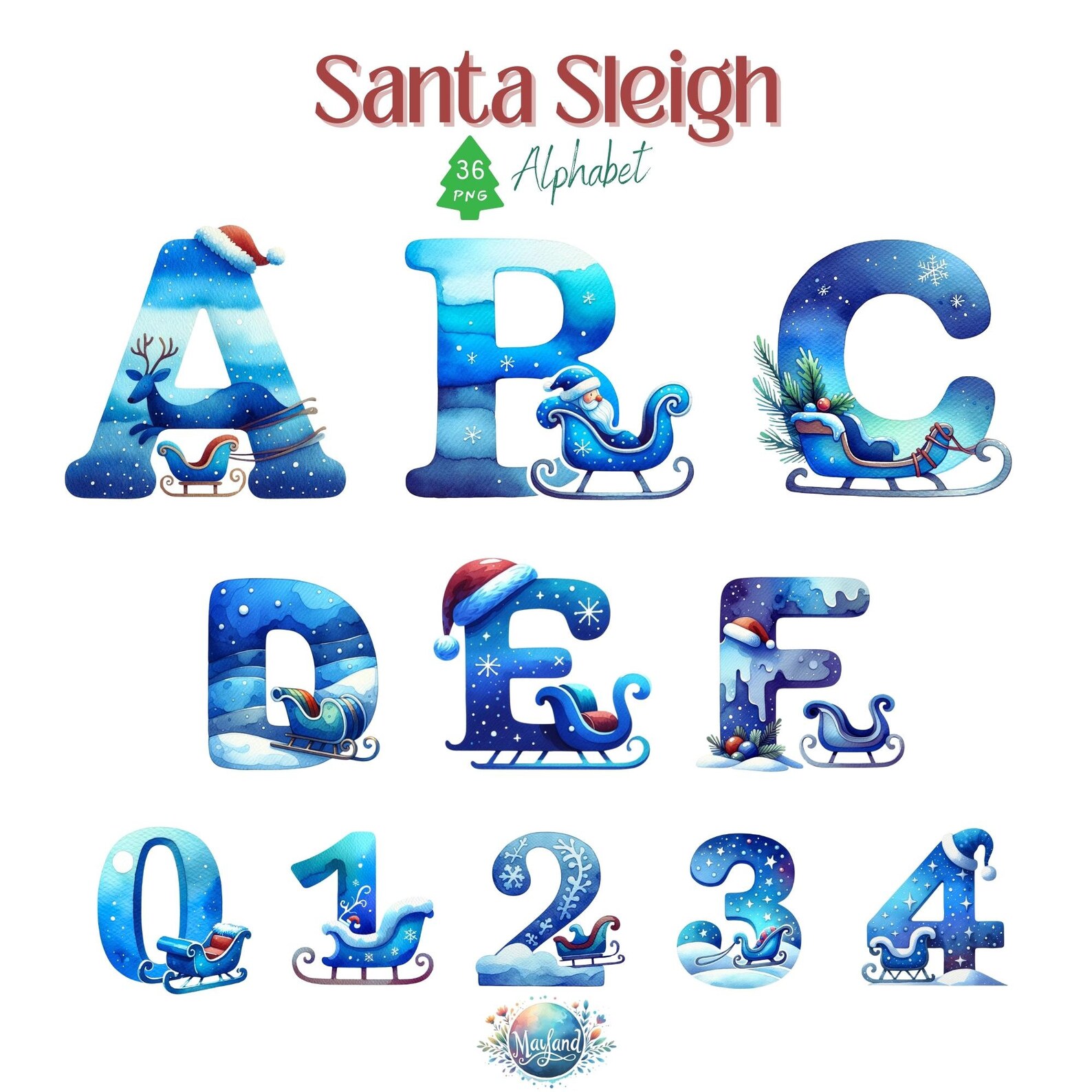 Santa Sleigh Alphabet Clipart, Santa Sleigh PNG Letter, Santa Sleigh ...
