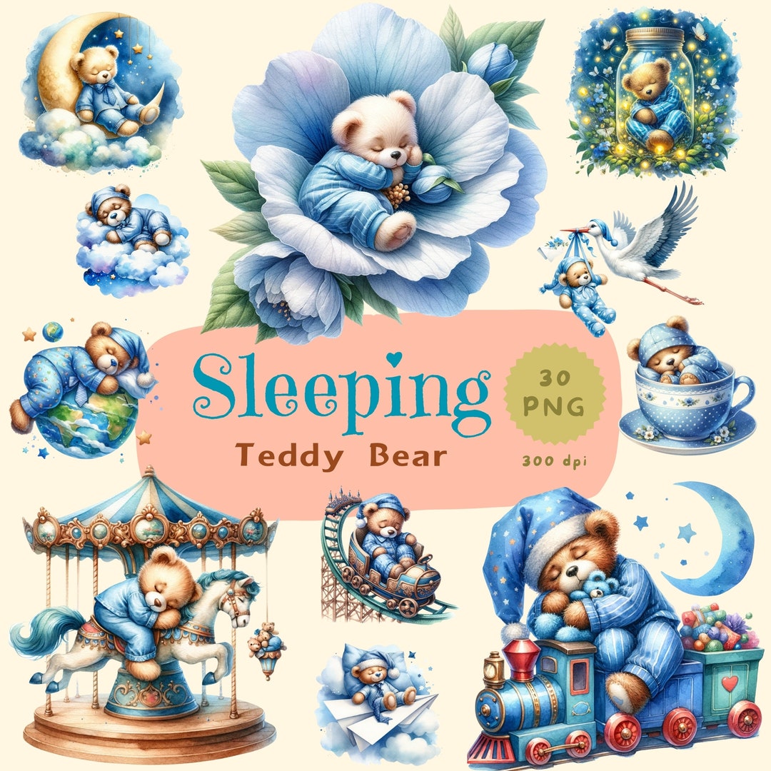 Sleeping Teddy Bear, Watercolor Teddy Bear Clipart Bundle, Blue Teddy ...