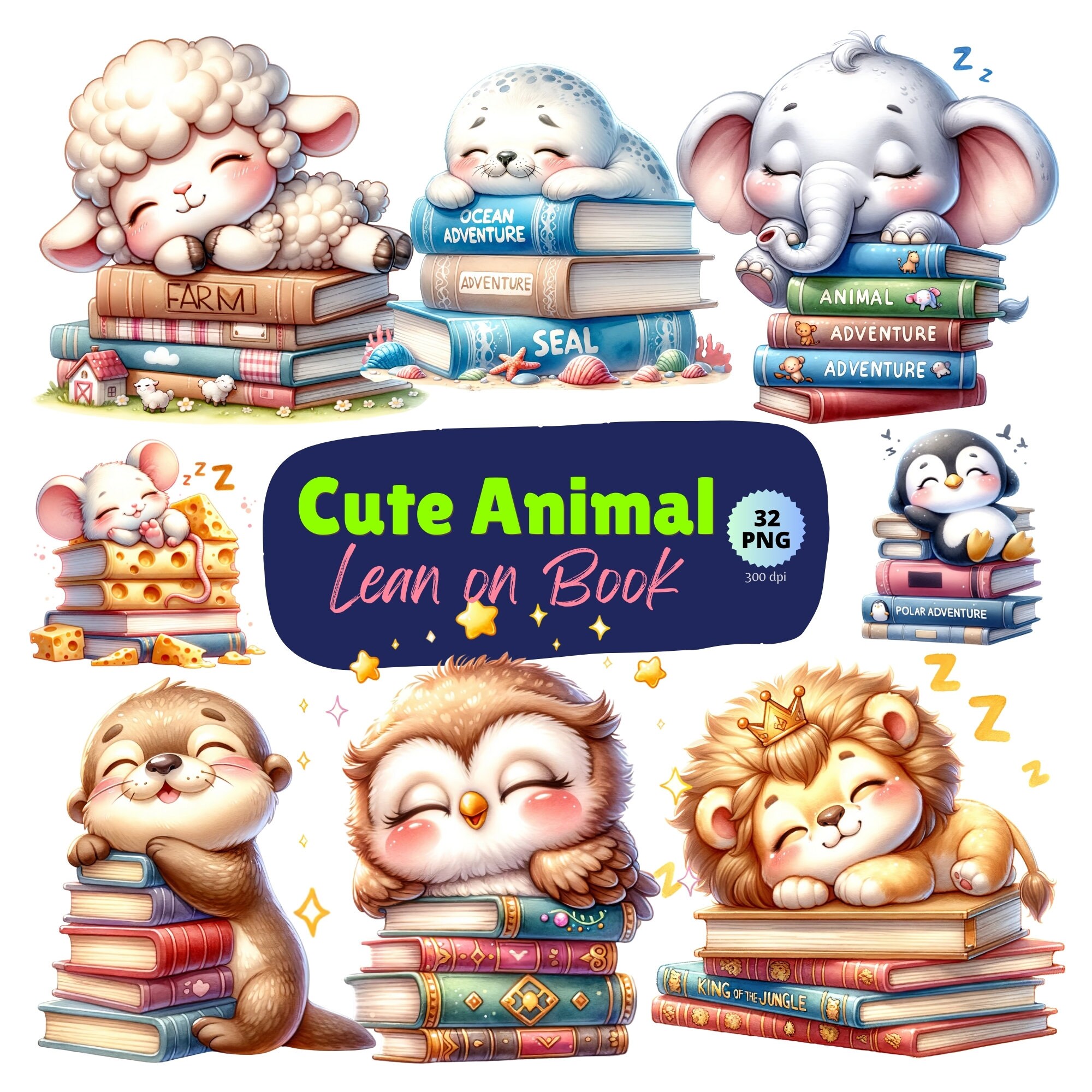 Watercolor Cute Animal Lean on Books, Cute Animal Clipart, Animal ...