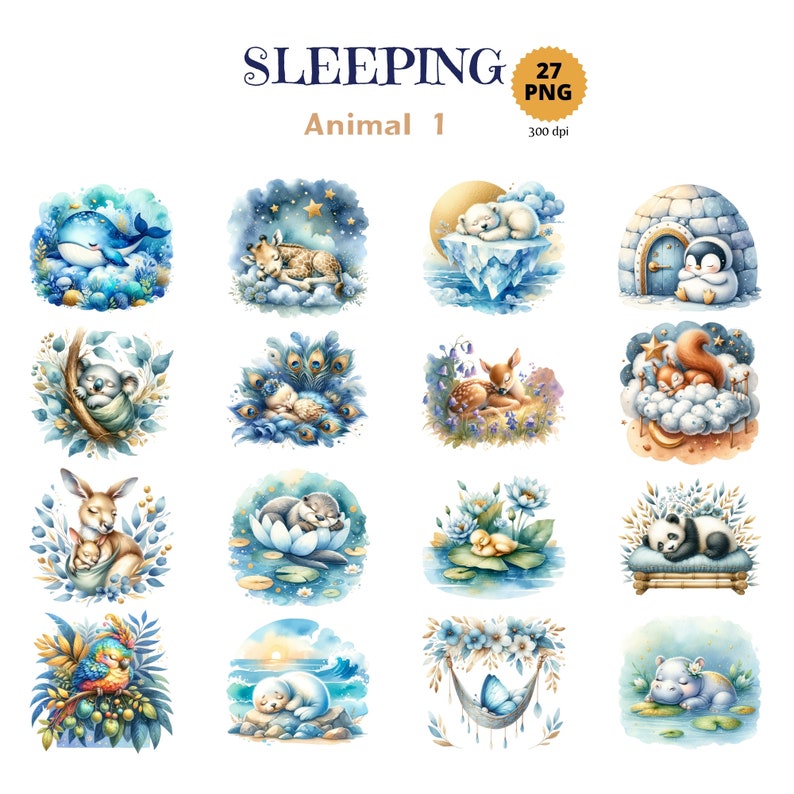 Sleeping Animal Clipart I, Watercolor Animal, Cute Animal, Safari Png ...
