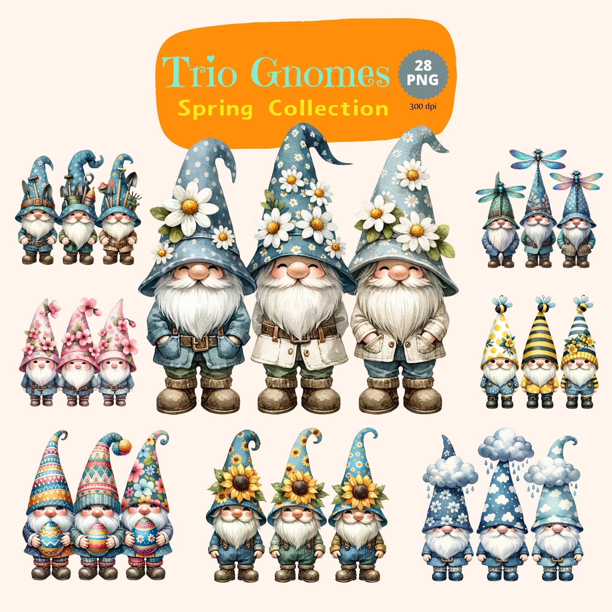 Spring Gnomes Clipart, Cute Gnomes, Easter Png, Triplet Png, Whimsical ...