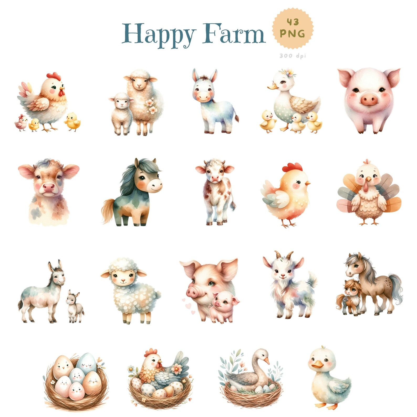 Happy Farm, Cute Farm Clipart, Farm Bundle, Farm Animals Watercolor ...