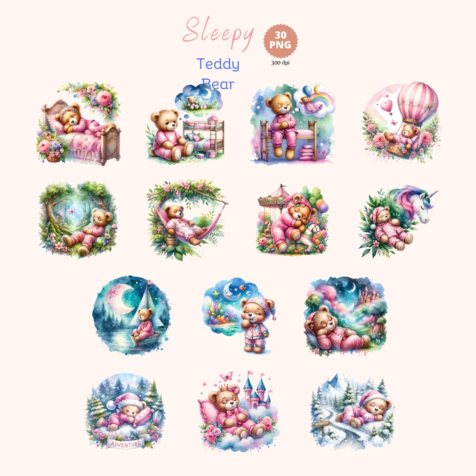 Sleepy Teddy Bear, Watercolor Teddy Bear Clipart Bundle, Pink Teddy ...