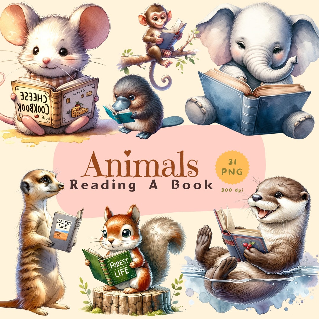 Watercolor Animal Reading A Book, Cute Animal Clipart, Bookworm Animals ...