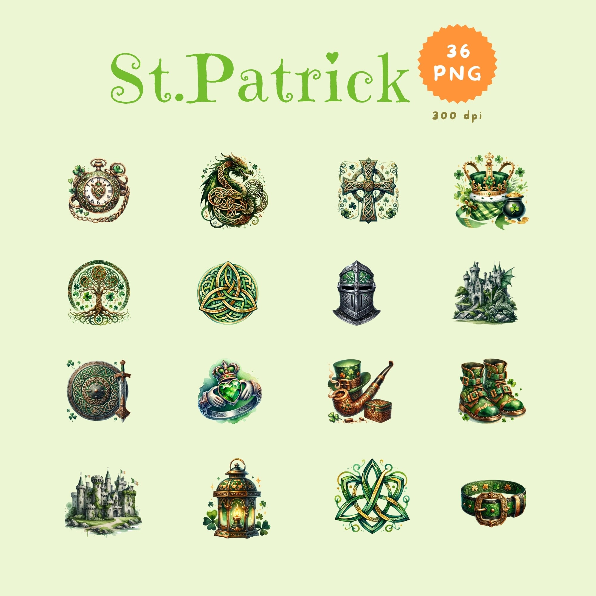 St. Patrick's Clipart, Shamrocks PNG, St. Patrick PNG, Watercolor St ...