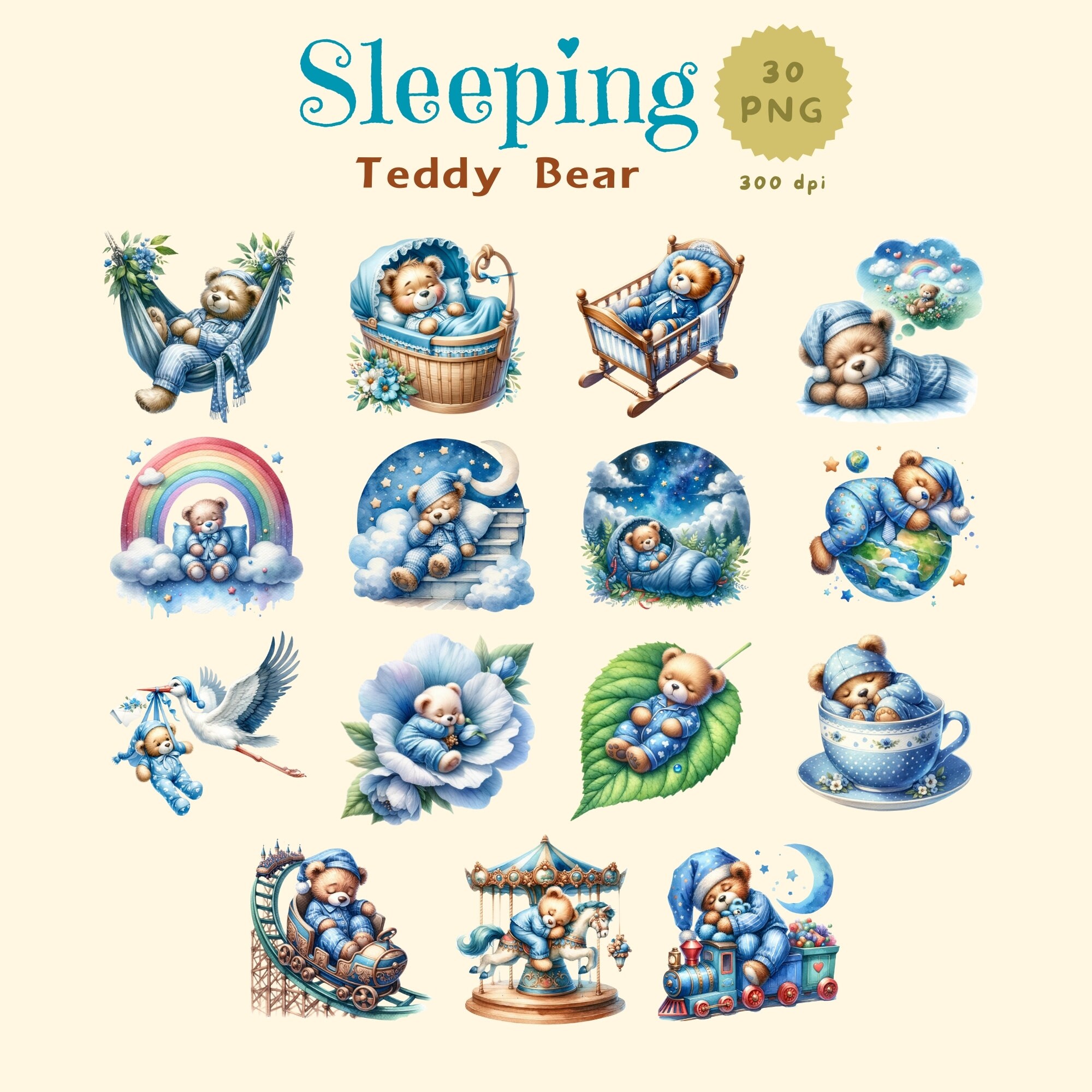 Sleeping Teddy Bear, Watercolor Teddy Bear Clipart Bundle, Blue Teddy ...