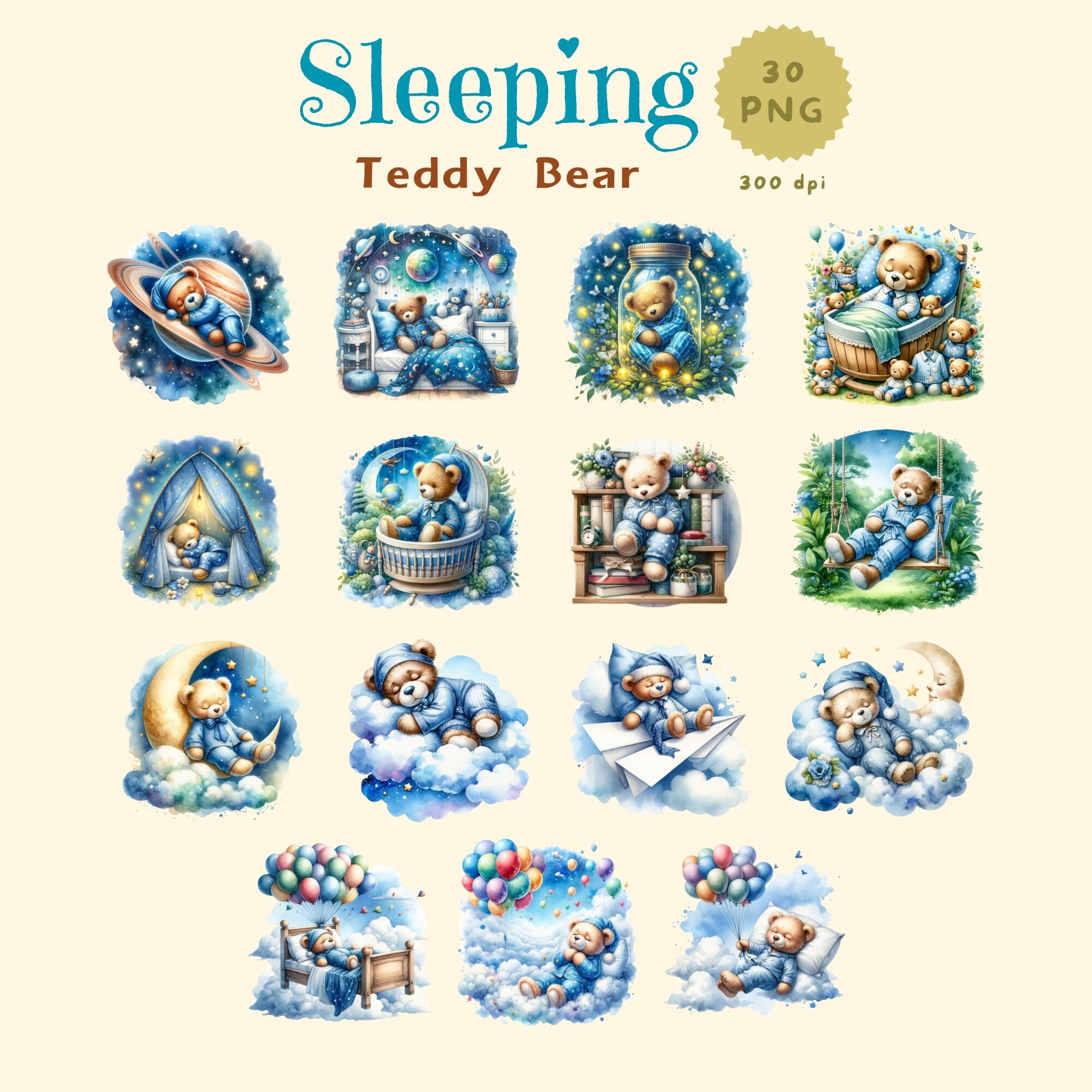 Sleeping Teddy Bear, Watercolor Teddy Bear Clipart Bundle, Blue Teddy ...