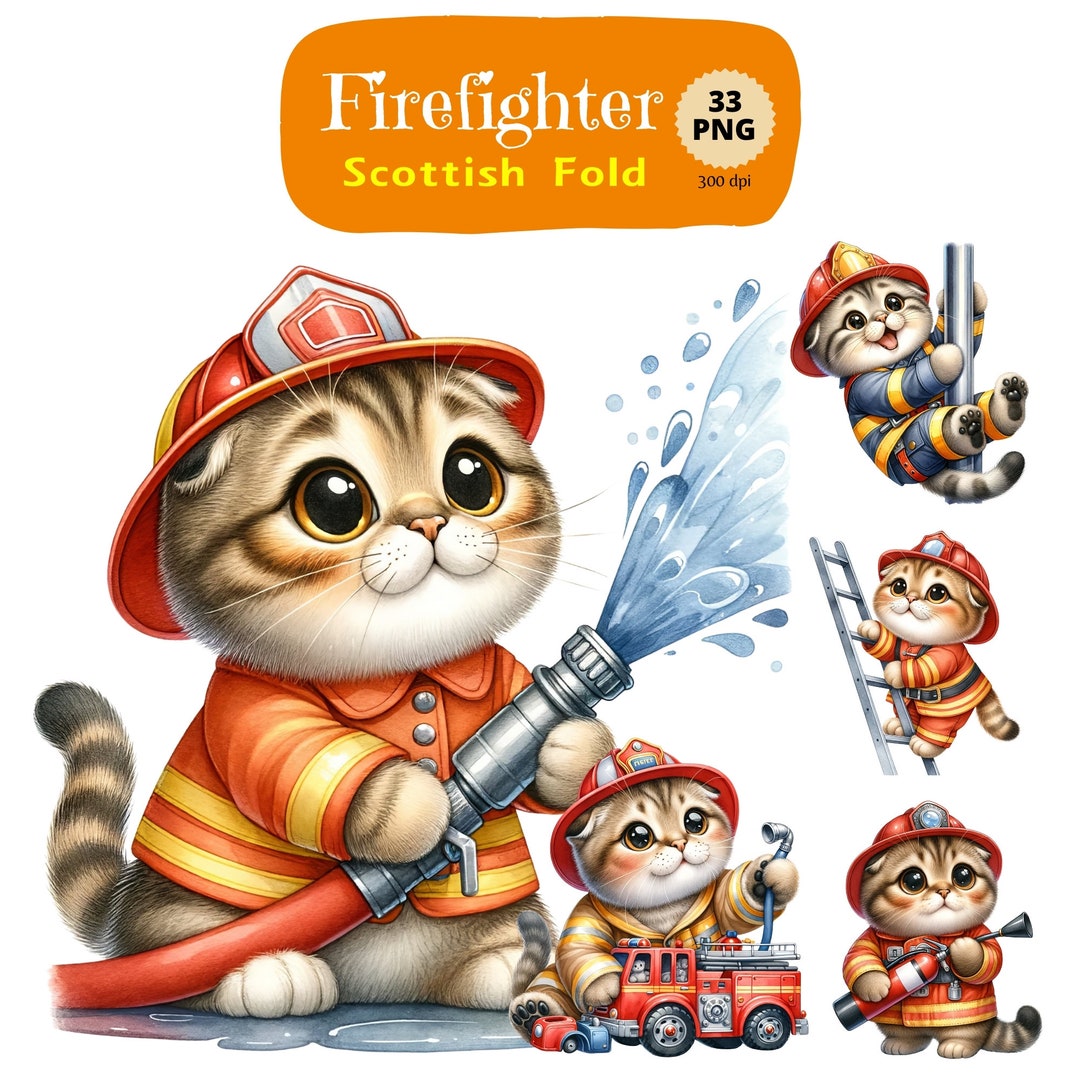 Firefighter Scottish Fold Clipart, Watercolor Firefighters Bundle ...